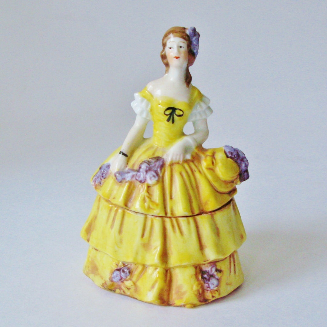 Figural Powder Box Dresser Jar, Beautiful Lady in Tiered Yellow Gown ...
