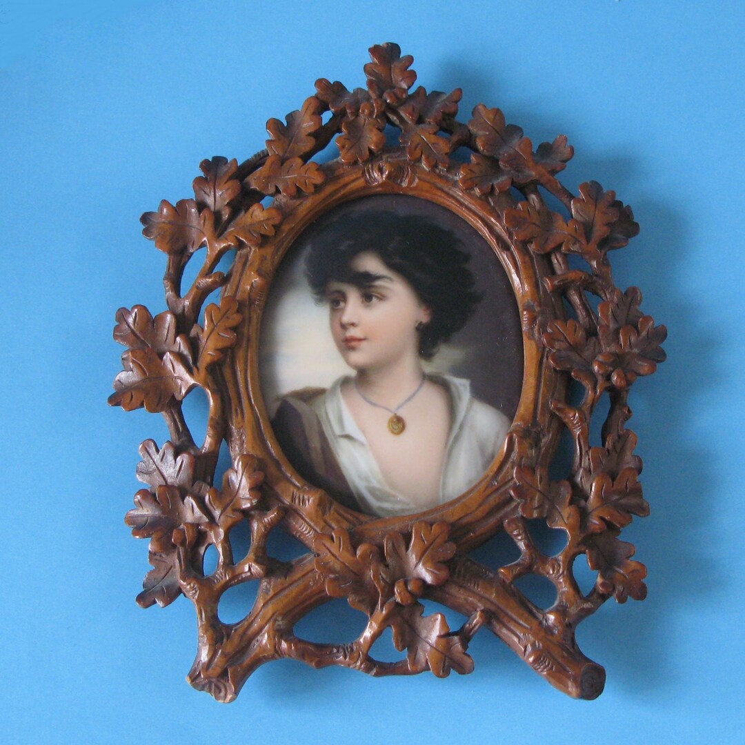 Antique Hand Painted Portrait Porcelain Plaque in Carved Wood Oak Leaf ...