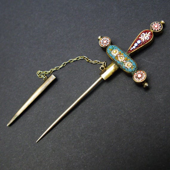 Antique Micromosaic Dagger Sword Jabot Brooch - Gem