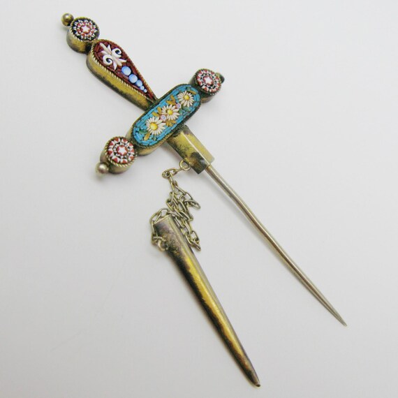 Antique Micromosaic Dagger Sword Jabot Brooch - Gem