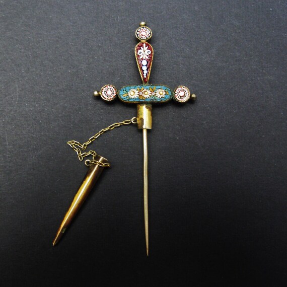 Antique Micromosaic Dagger Sword Jabot Brooch - Gem