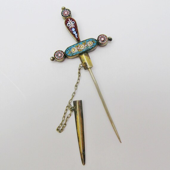Antique Micromosaic Dagger Sword Jabot Brooch - Gem