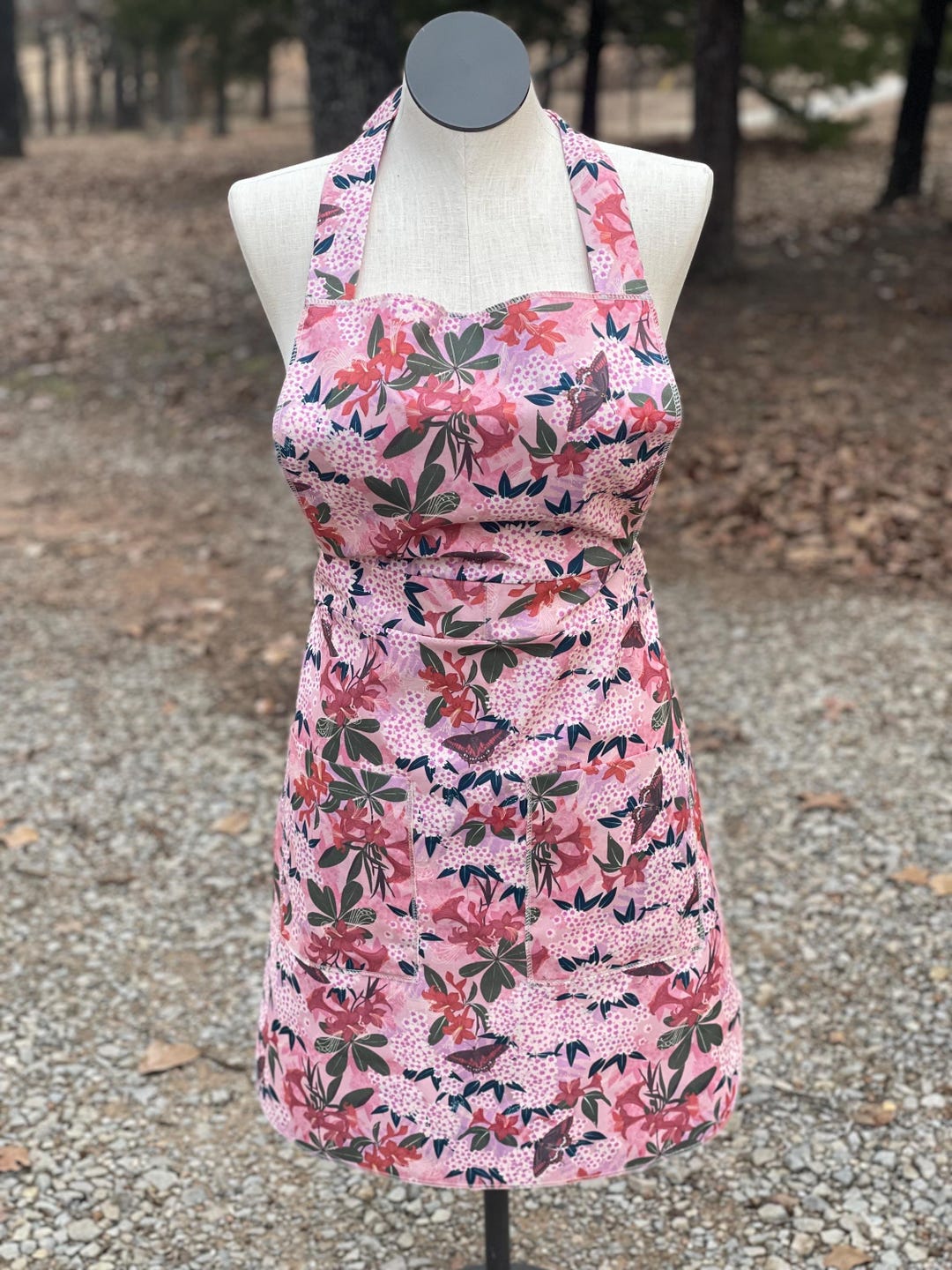 Pink Floral Apron With Butterflies, Unisex Tie Apron - Etsy