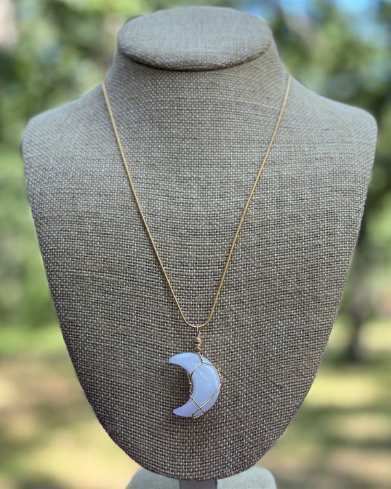White Jade Wire Wrapped Moon Pendant Jade Crescent Moon Necklace Etsy