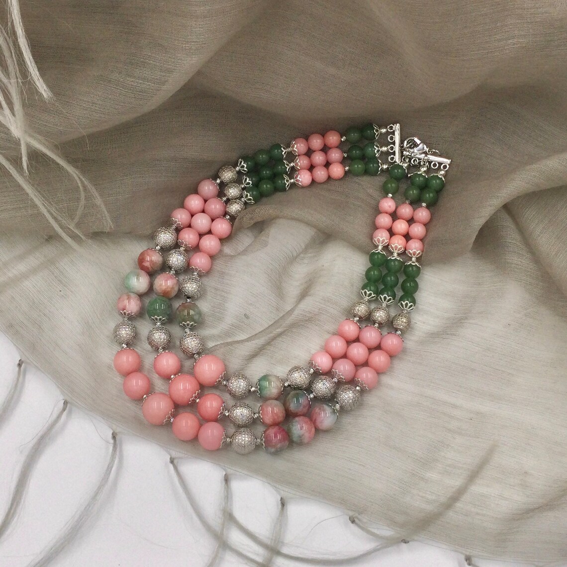 Triple Strand Rose and Green Gemstone Necklace Decorated With - Etsy