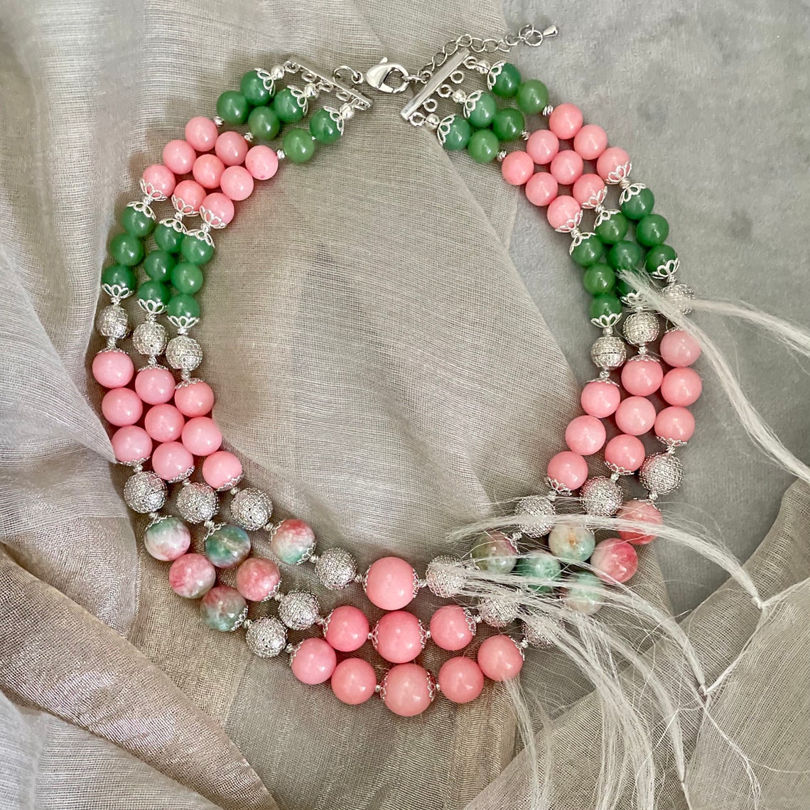 Triple Strand Rose and Green Gemstone Necklace Decorated With - Etsy