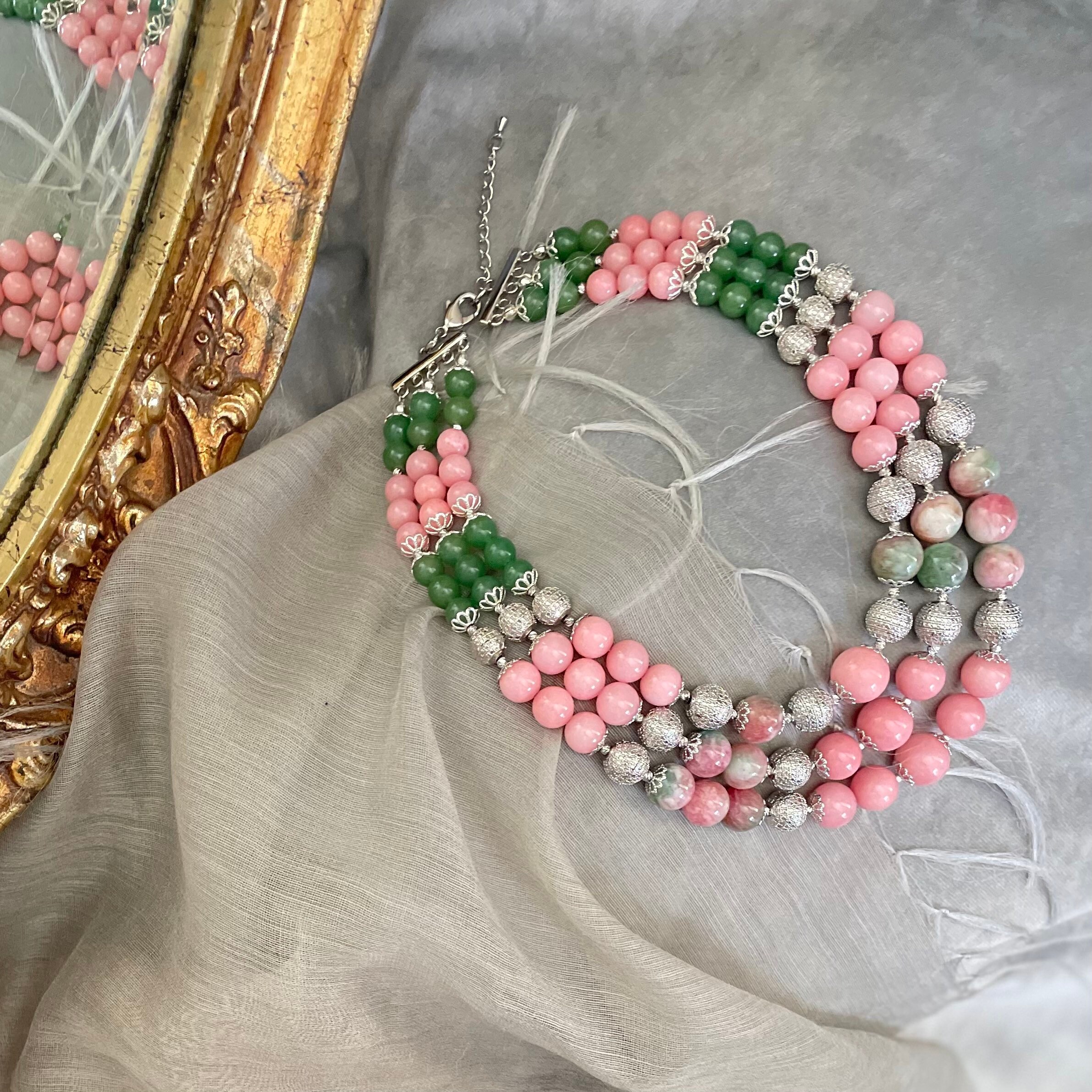 Triple Strand Rose and Green Gemstone Necklace Decorated With - Etsy