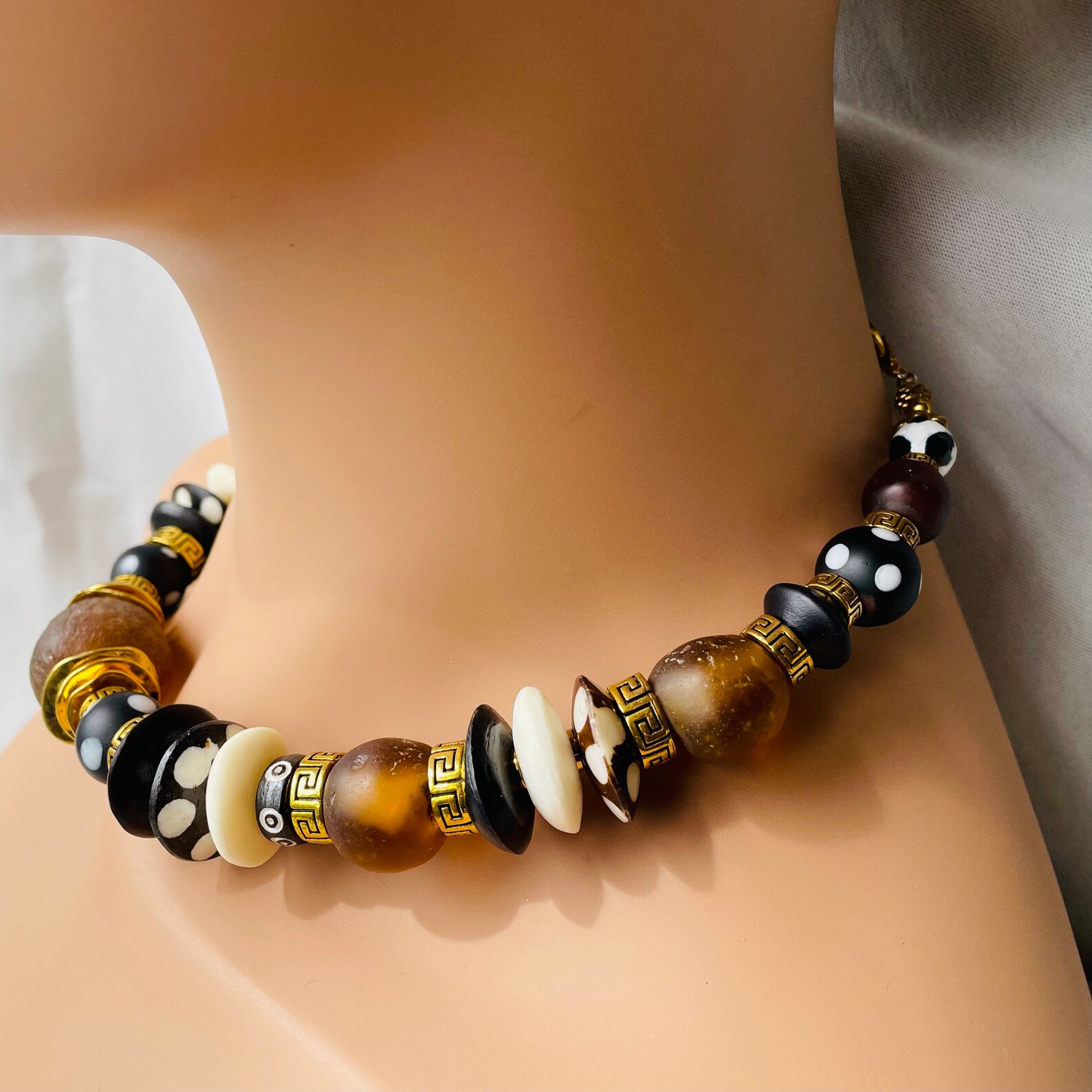 African Brown Glass and Black Bone Beads Necklace Choker - Etsy