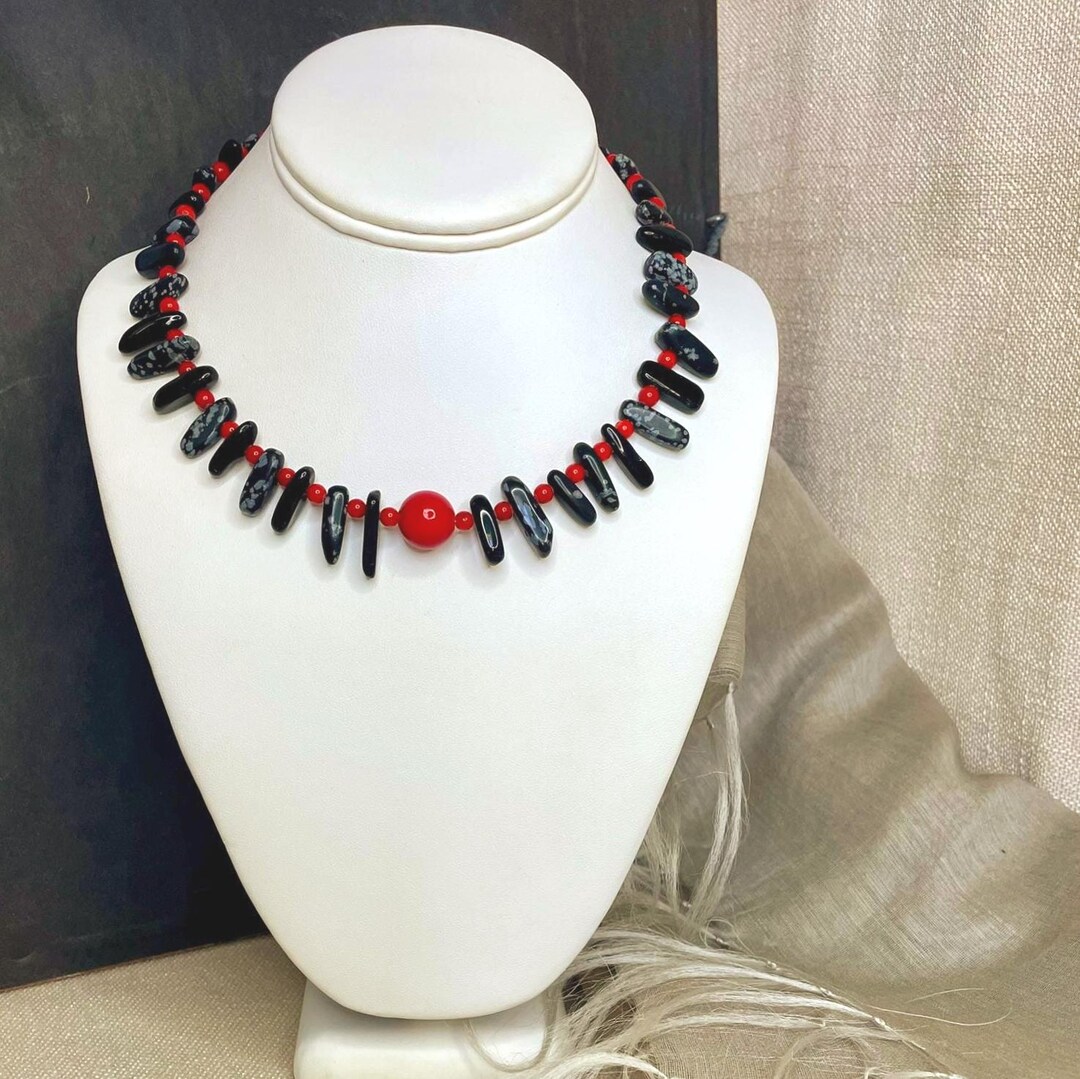 Snowflake Jasper Stick Choker: Red Coral Bead, Statement Necklace - Etsy