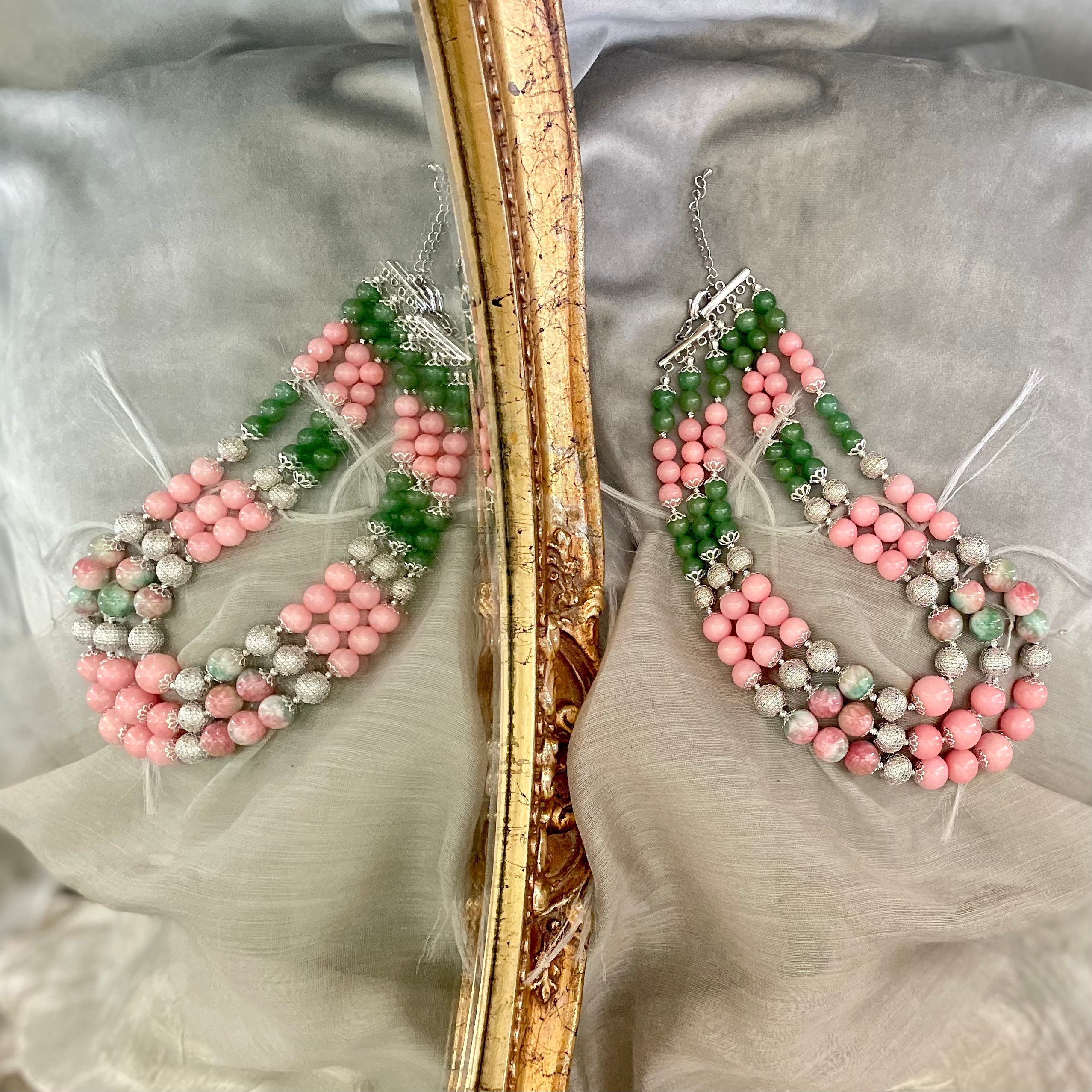 Triple Strand Rose and Green Gemstone Necklace Decorated With - Etsy