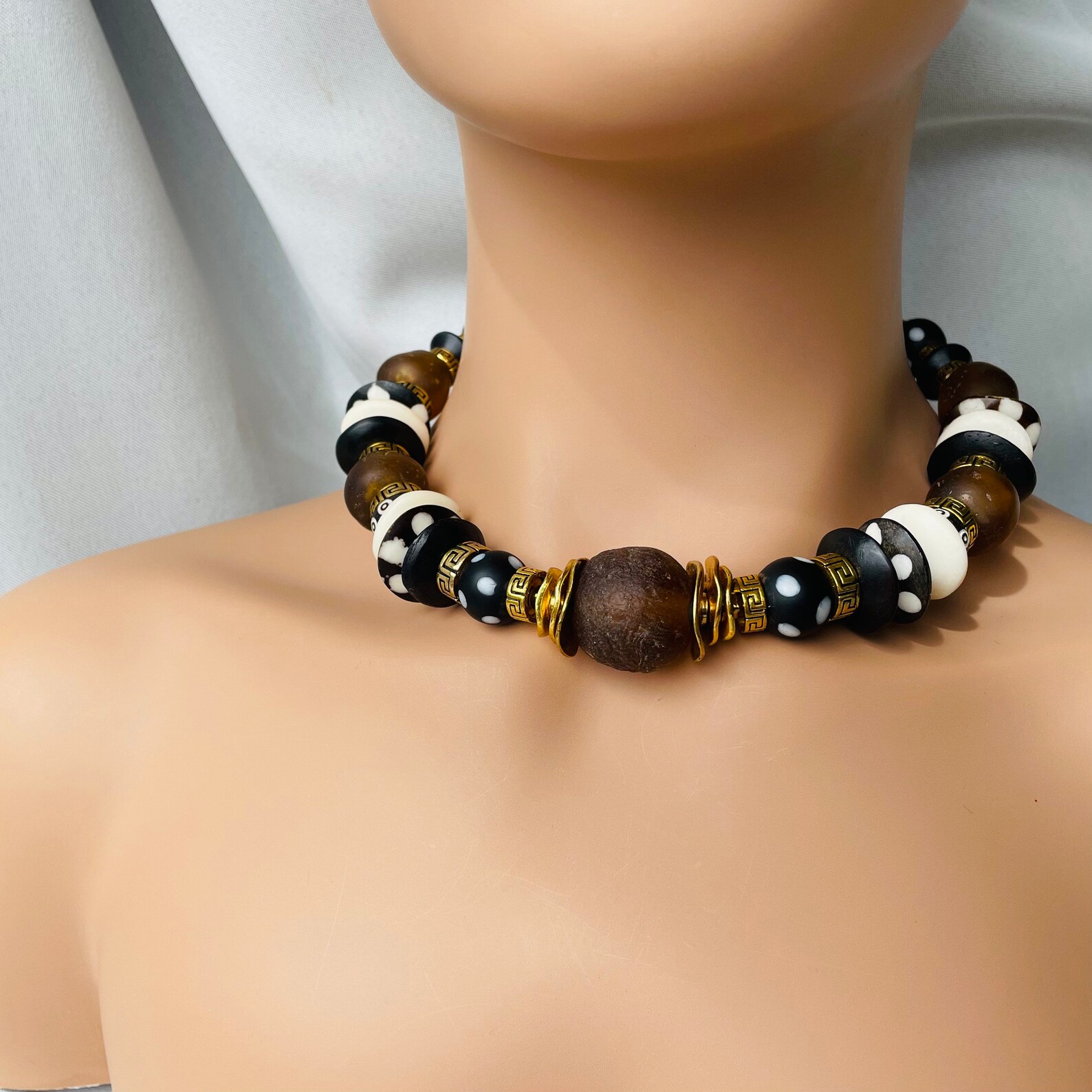 African Brown Glass and Black Bone Beads Necklace Choker - Etsy