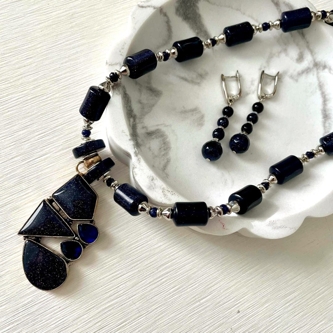 Dark Blue Goldstone Jewelry Set: Geometric Pendant Necklace & Earrings ...
