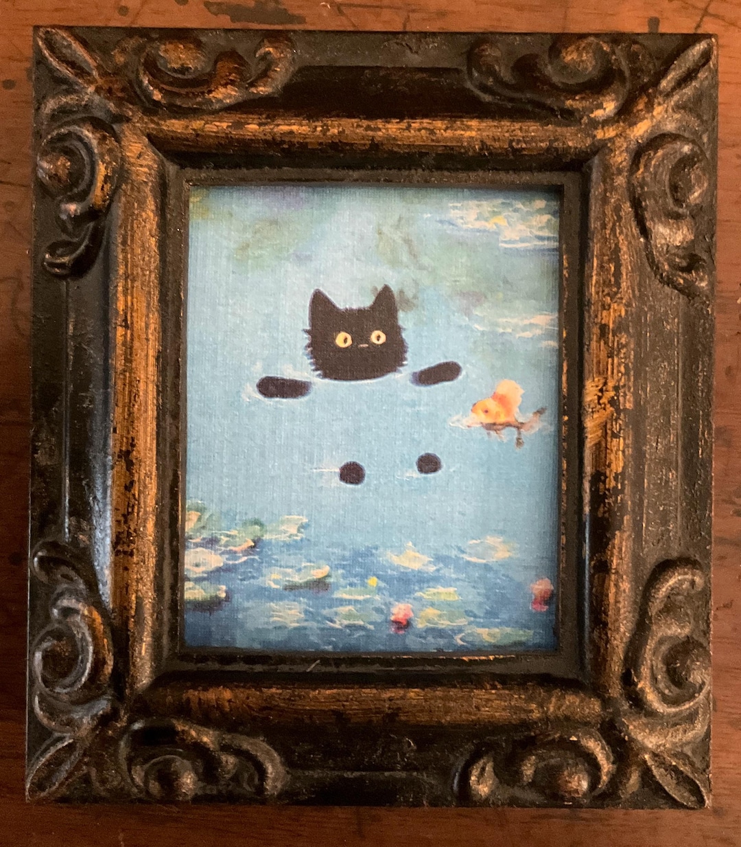 Hand-painted Kitten Miniature in Monet Lily Pond on a 2.5x3” Linen ...