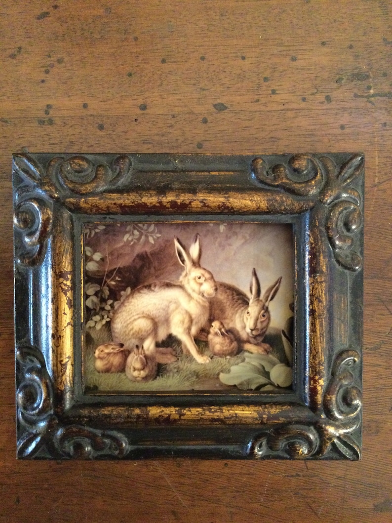 HAND PAINTED MINIATURE on a Canvas Print of Vintage Painting of Bunnies ...