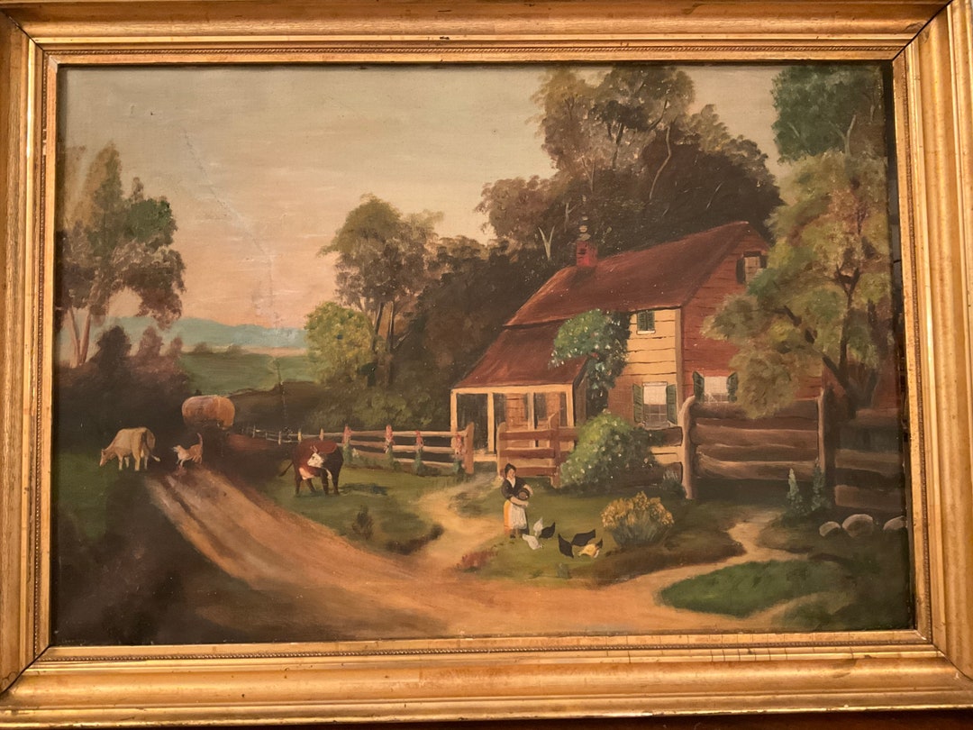 VINTAGE Primitive OIL PAINTING of Farm Scene. - Etsy