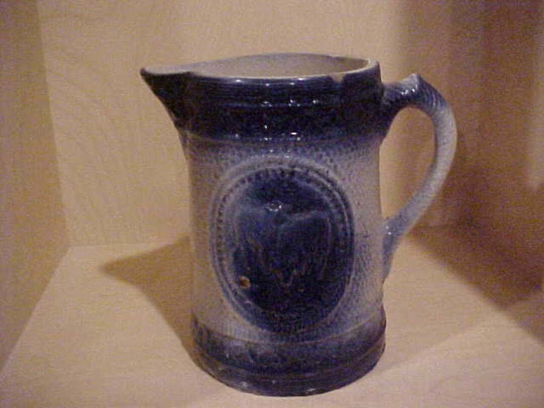Vtg. Stoneware Salt Glaze Pitcher Blue and White With Cow Design - Etsy