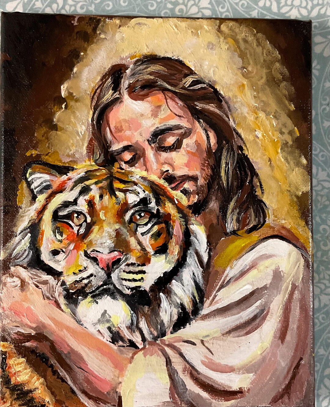 Jesus Loves Tigers Too Original Happy Jesus Hug Tiger Acrylic Painting ...