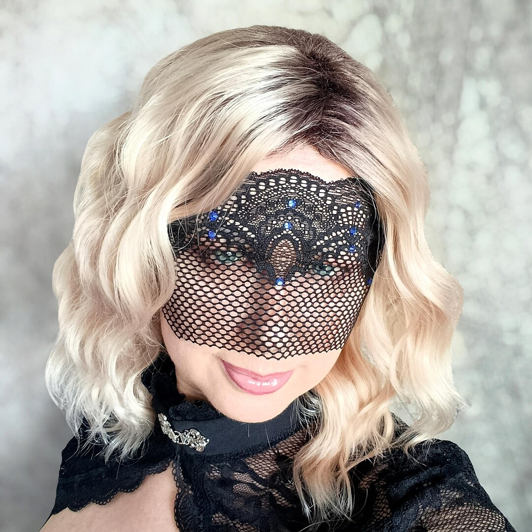 Black Lace Mysterious Mask With Blue Rhinestones, Masquerade Vail Mask ...