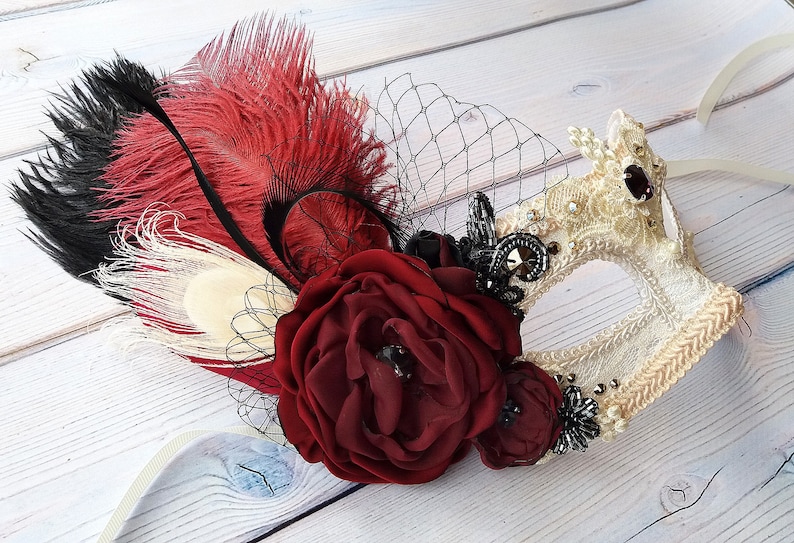 Masquerade Mask with Black and Burgundy feathers Mardy Gras | Etsy