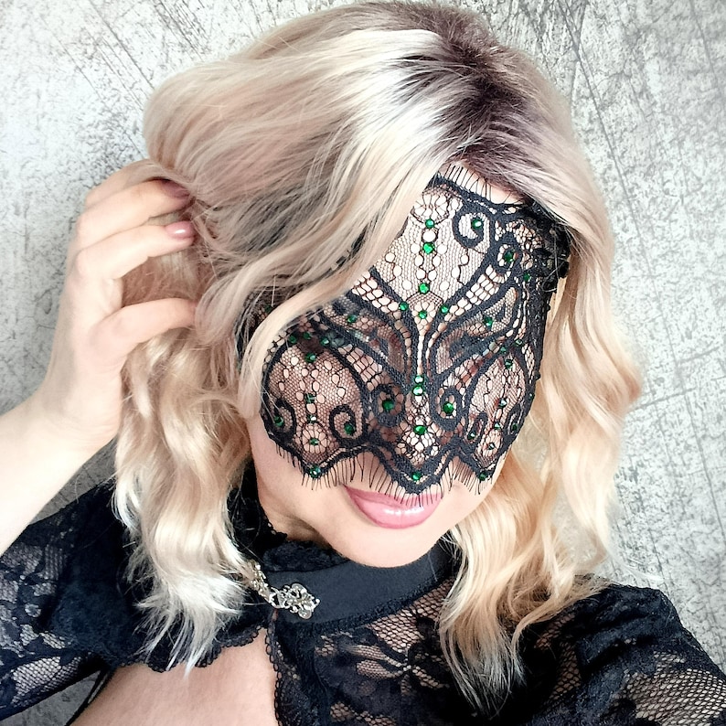 Black Lace Masquerade Mask With Green Rhinestones, Emerald Witch Mask ...