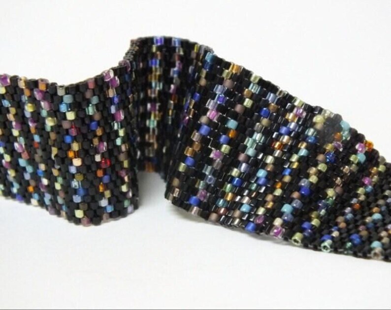 Contemporary Black Rainbow Stripes Peyote Beadwoven Bracelet Multicolored Seed Beads Unique OOAK ...