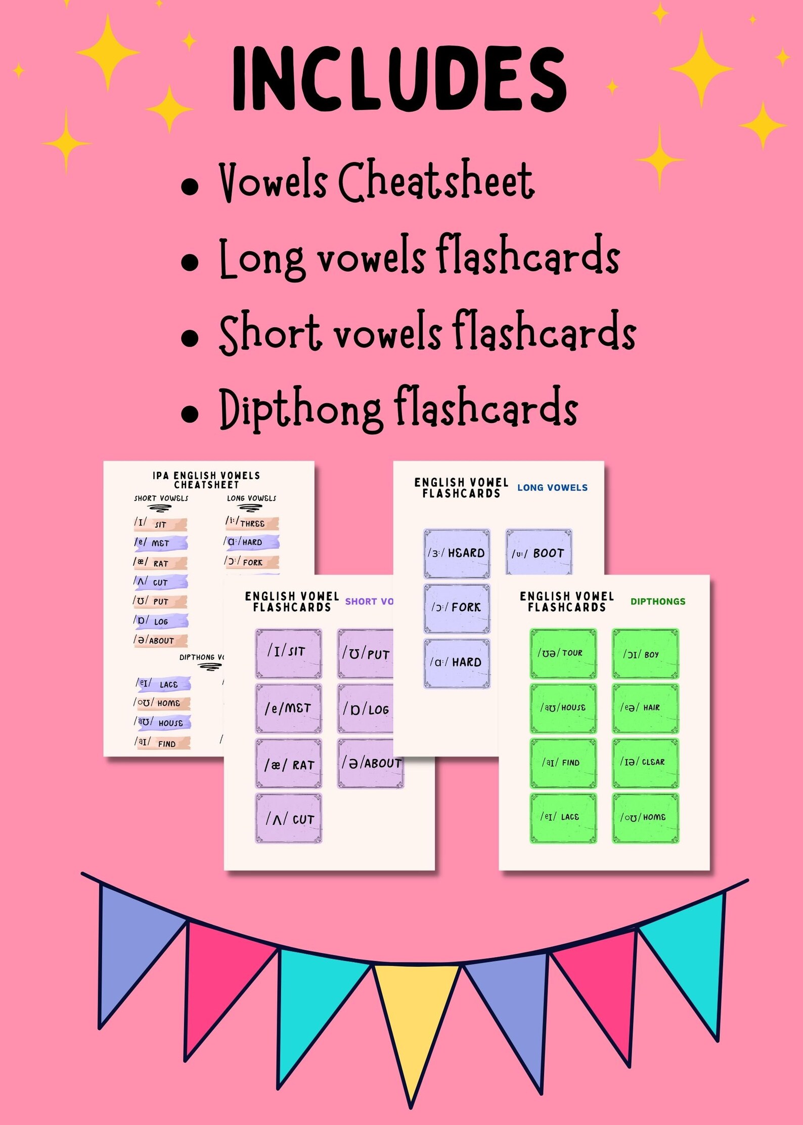 American English IPA Vowels Chart & Flashcards Long, Short, and ...