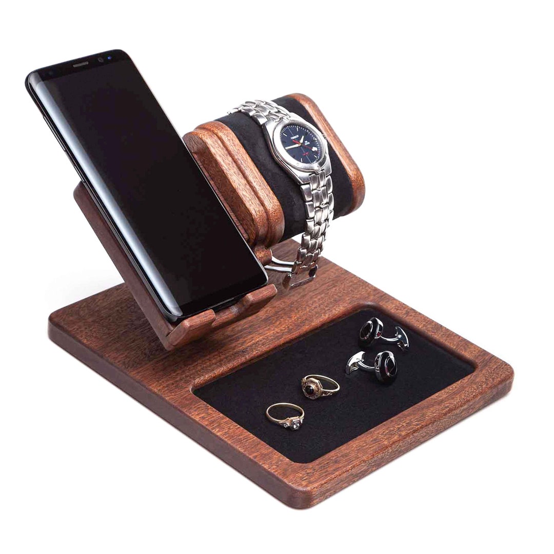 Mahogany Desk Organizer Watch + Phone + Jewelry Tray Mobile Docking ...