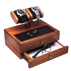Mahogany Wood Desk Organizer With Two Drawers. Watch Stand, Jewelry ...