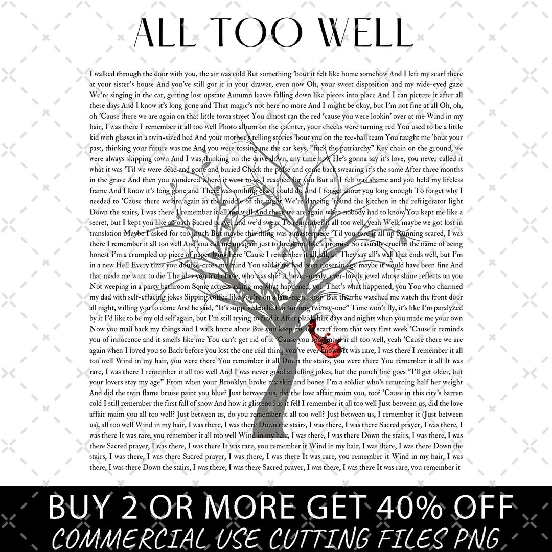 All Too Well Lyric PNG Digital File, R.E.D Album, All Too Well 10 ...