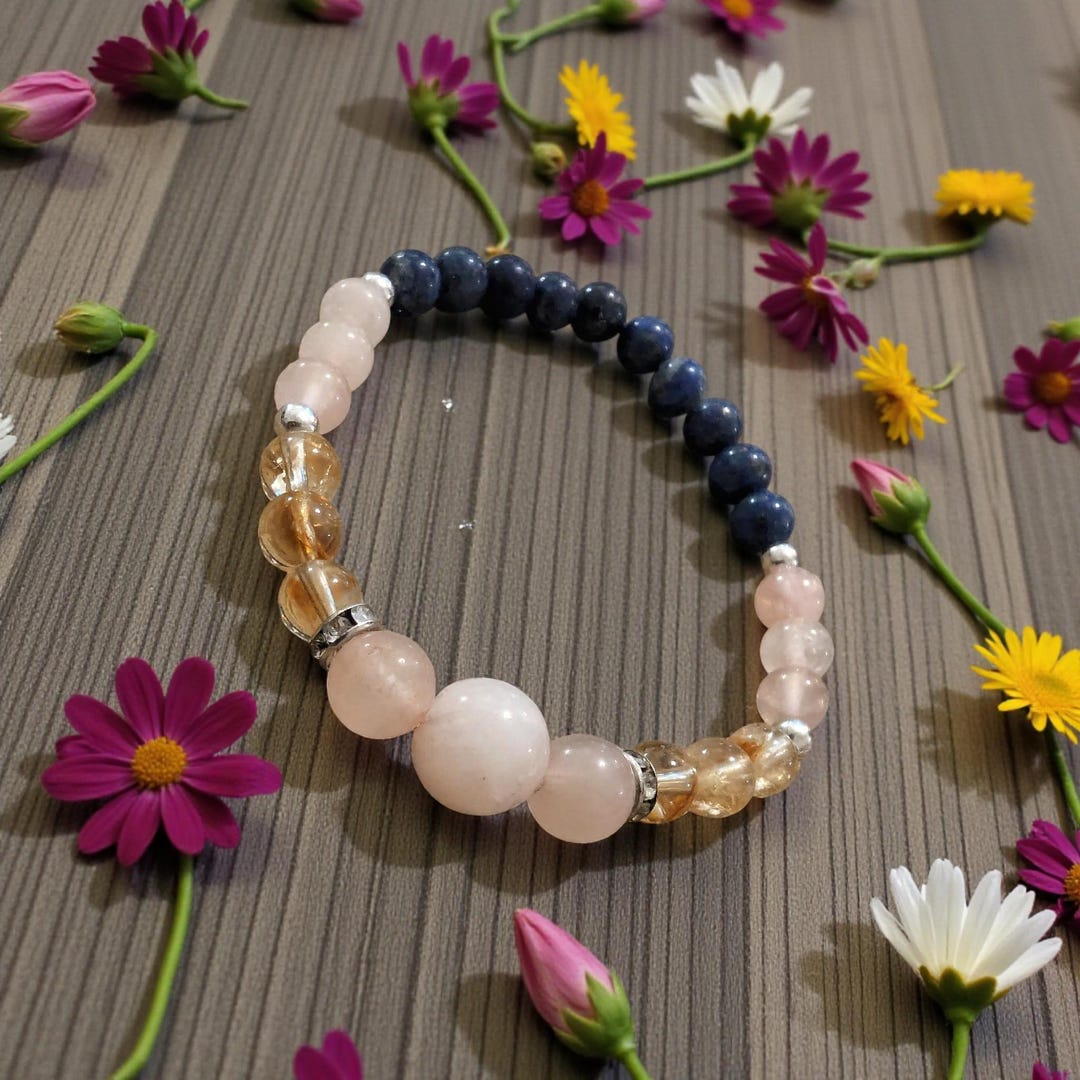 Sweary Elastic Gemstone Bracelet With Citrine, Lapis Lazuli & Rose ...