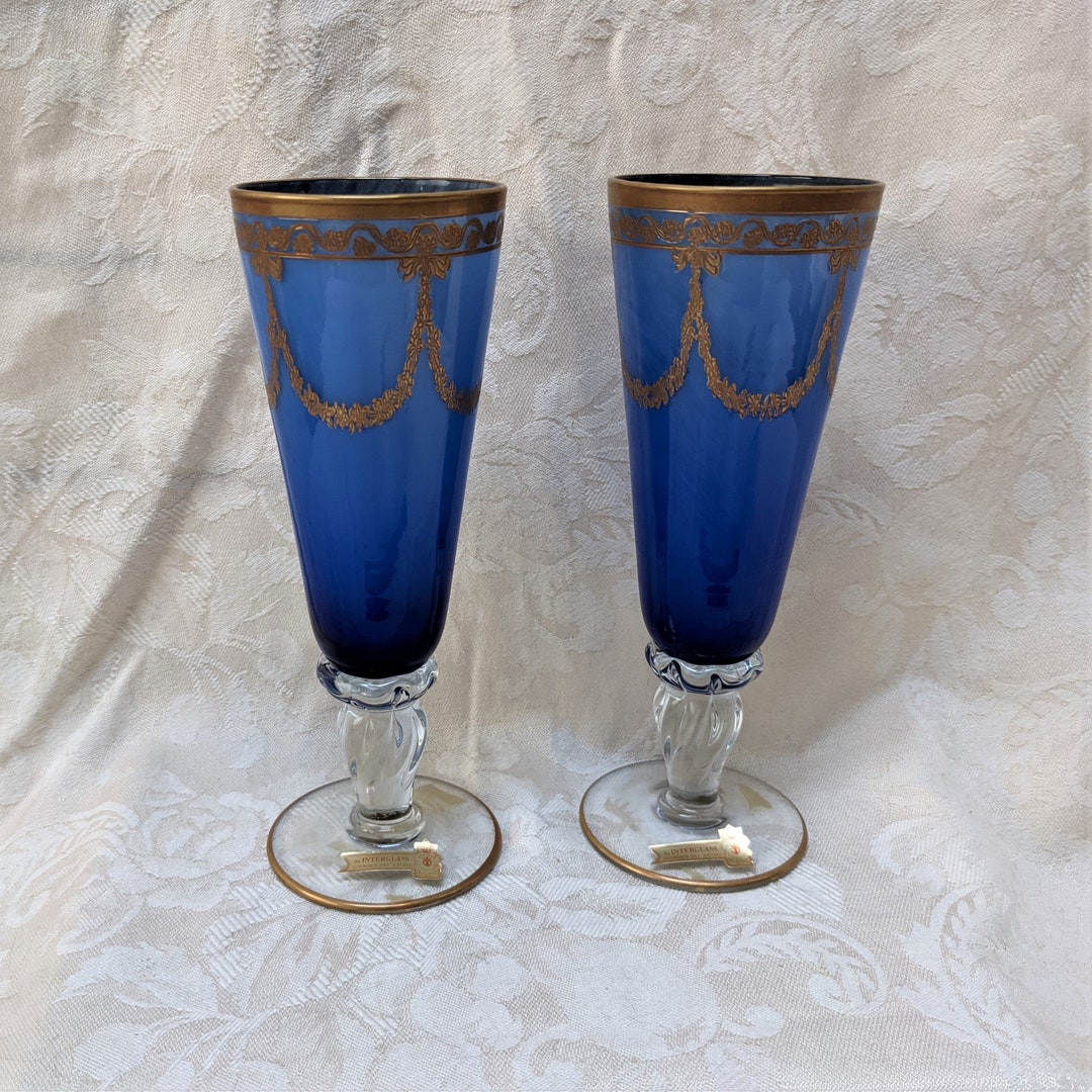 Cobalt Blue Interglass Glasses, Marbleized With 24K Gold Trim Hand ...