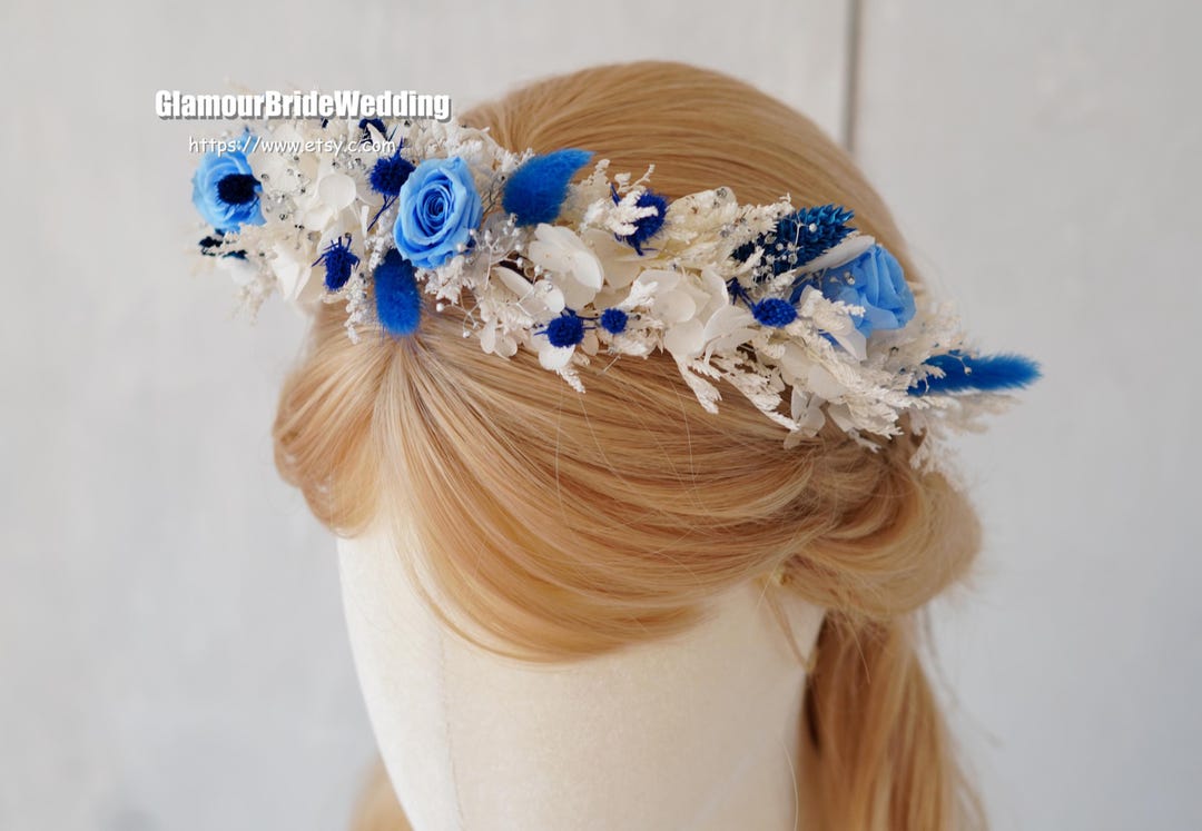 Blue Flower Crown,wedding Flower Crown,bridal Headdress,head Wreath ...