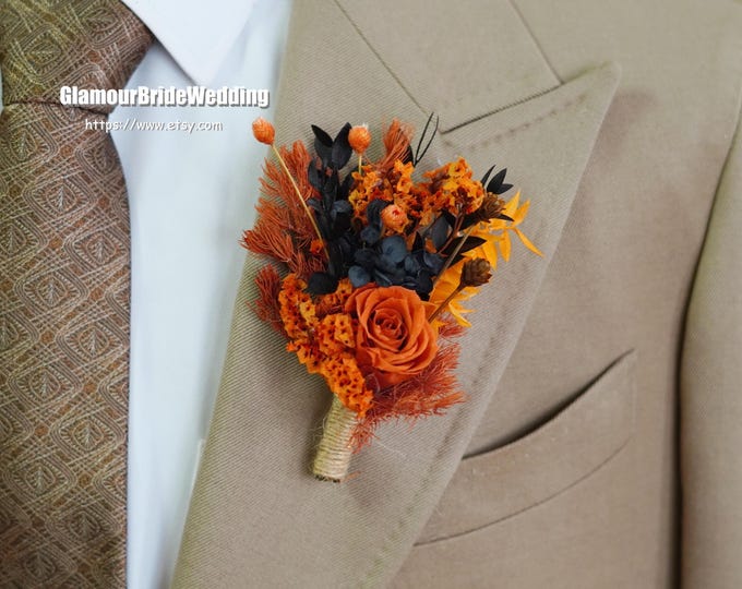 Greenery Pocket Boutonniere in Burnt Orange Real Touch Rose, Groom's ...