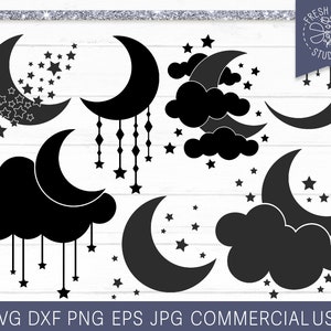 Moon SVG, Moon and Stars, Moon Phases Clipart, Moon and Clouds, Starry ...