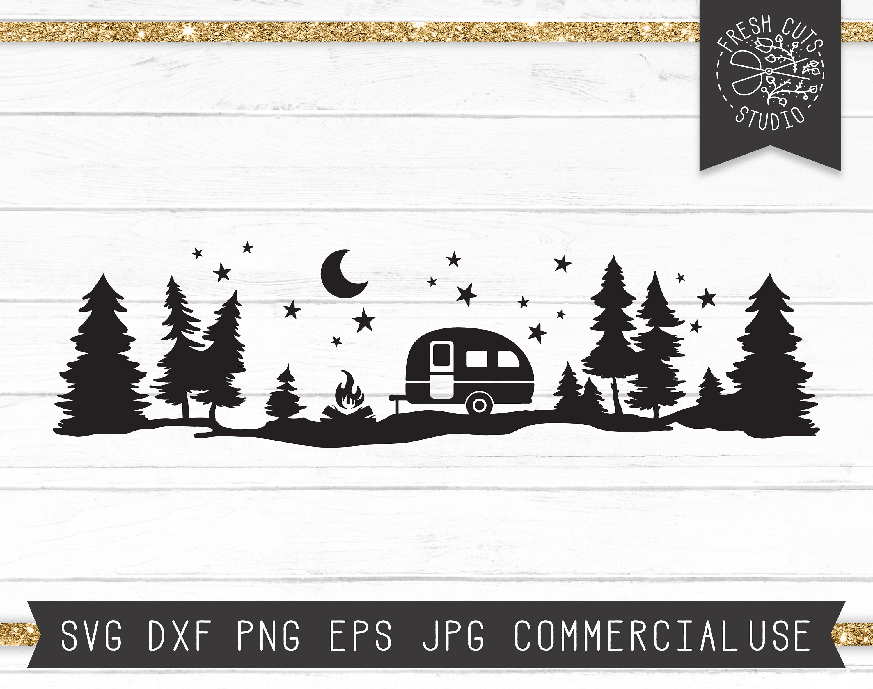 Camper SVG, Camper in Woods, Camper With Campfire Svg, Pine Trees Svg ...