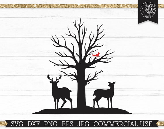 Cardinal SVG Memorial Cut File Deer Under Tree With Cardinal - Etsy
