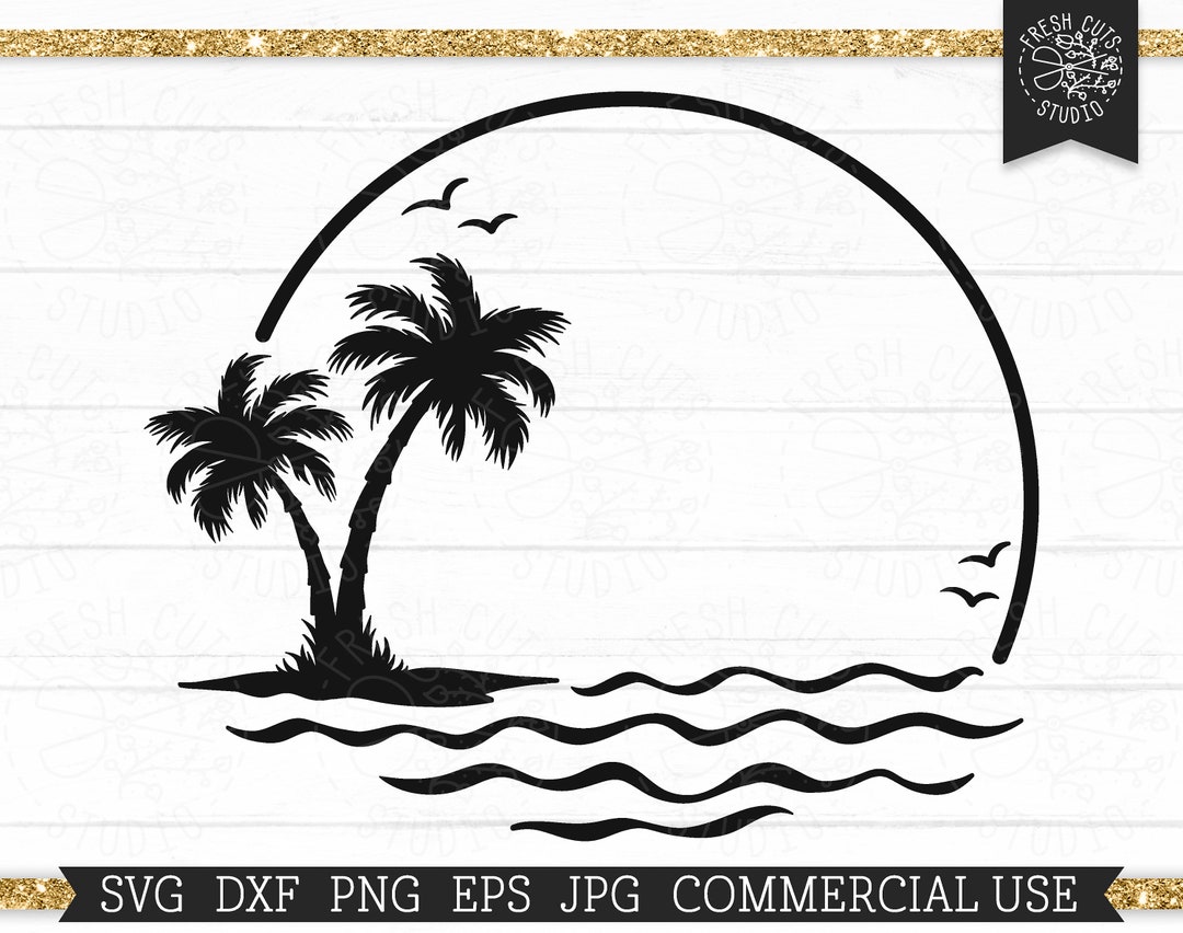 Palm Tree SVG Circle Monogram Frame Cut File for Cricut, Ocean Waves, Tropical Vacation Beach ...