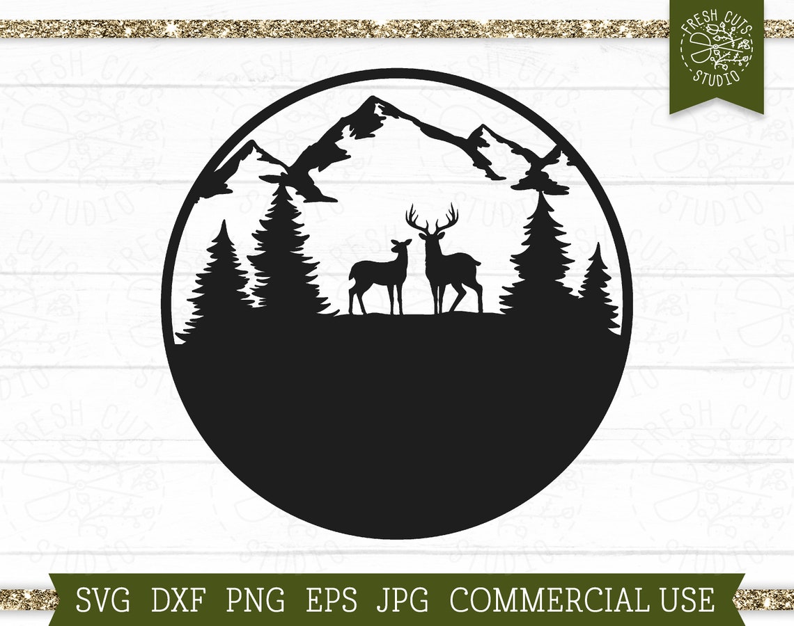 Deer SVG Circle Frame Cut File Cricut, Silhouette, Mountains, Deer in ...