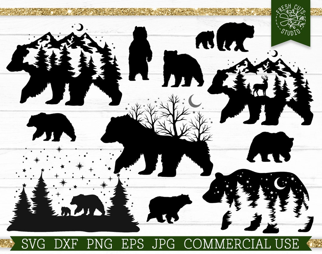 Bear SVG Bundle, Mountains Pine Trees Grizzly Bear SVG Cut File for Cricut, Silhouette, Snowy ...