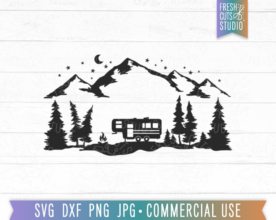 5th Wheel Camper SVG Campfire Cut File, Forest Silhouette, Pine Trees ...
