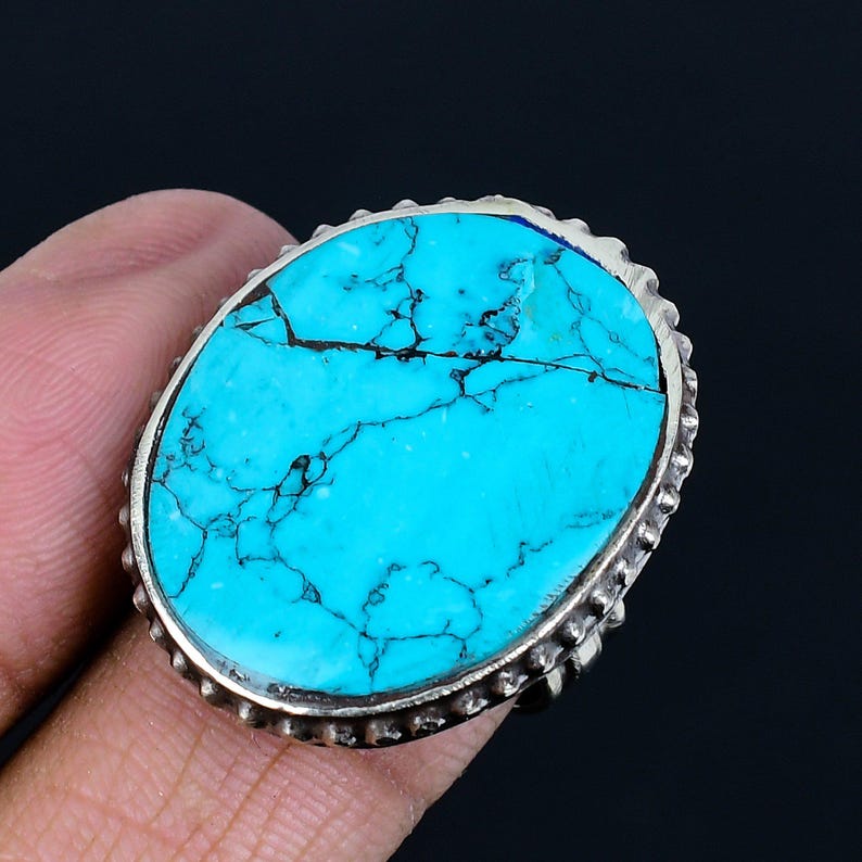 Handmade Oval Shape Turquoise Adjustable Ring Bohemian Tibetan Silver ...