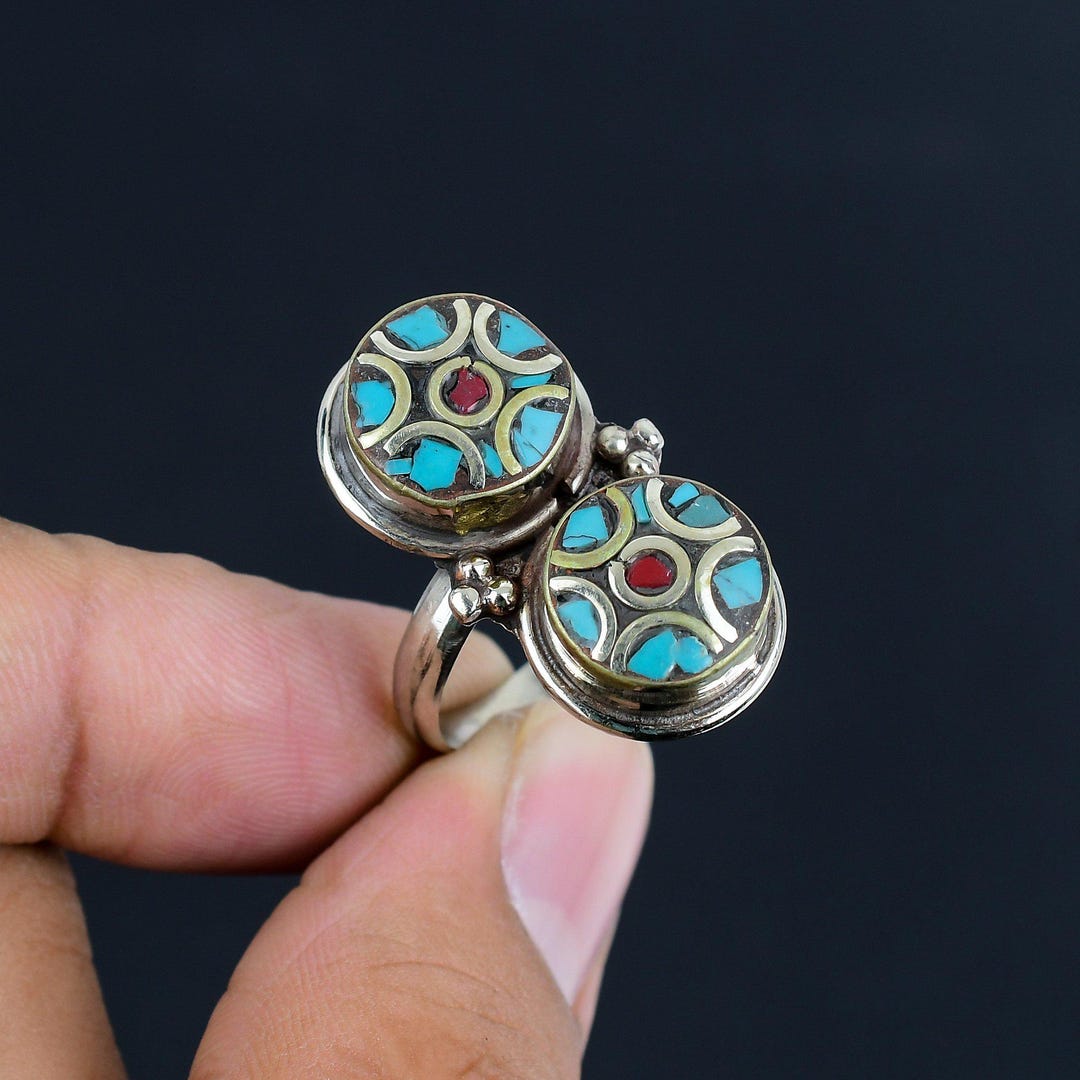 Red Coral Ring Turquoise Ring Tibetan Silver Ring Handmade Adjustable ...