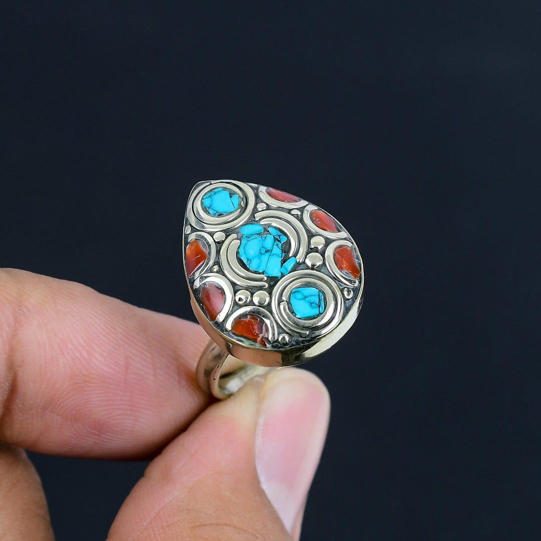 Turquoise Ring Red Coral Ring Tibetan Silver Ring Handmade Jewelry ...