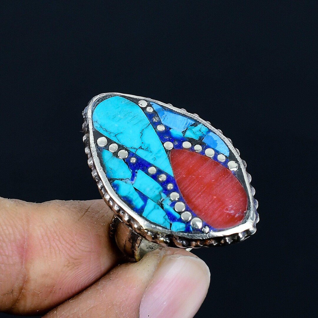 Nepalese Handmade Turquoise, Red Coral Adjustable Ring Bohemian Tibetan ...