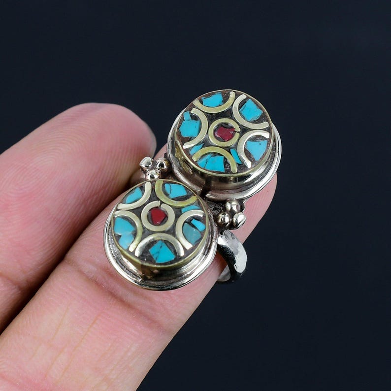 Red Coral Ring Turquoise Ring Tibetan Silver Ring Handmade Adjustable ...