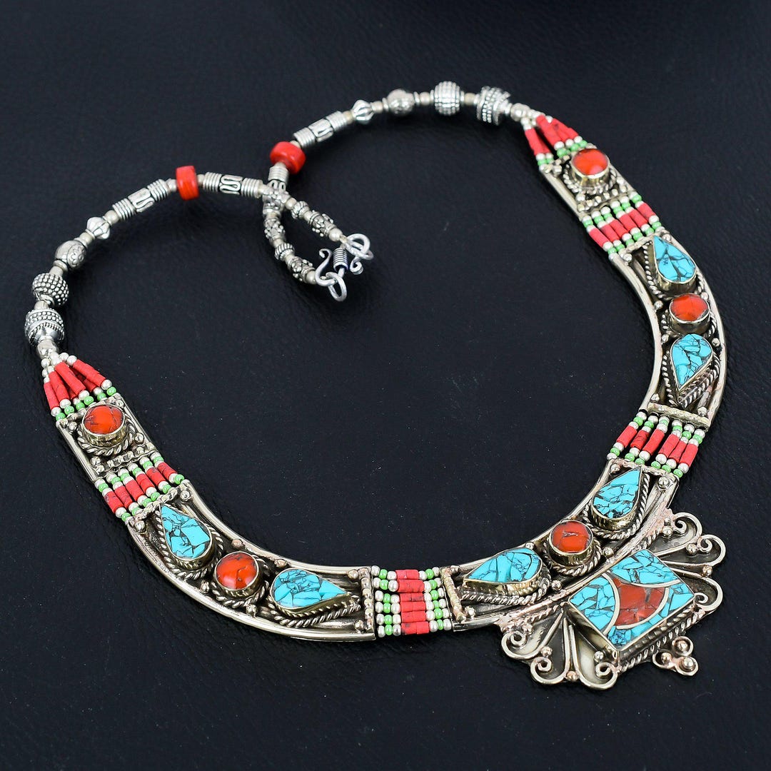 Red Coral With Turquoise Necklace Tibetan Silver Necklace Handcraft ...
