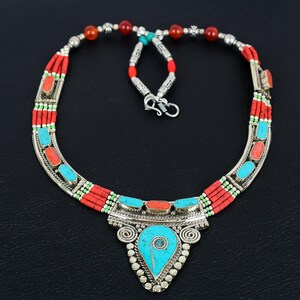 Turquoise Necklace Red Coral Necklace Tibetan Silver Necklace Bohemian ...
