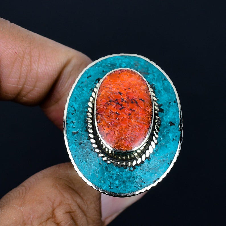 Handmade Red Coral With Turquoise Adjustable Vintage Ring Tibetan ...