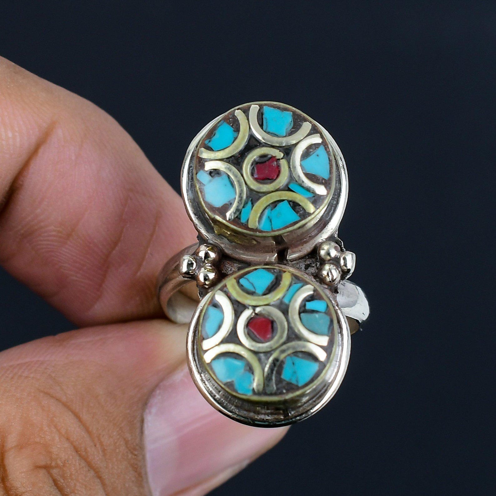 Red Coral Ring Turquoise Ring Tibetan Silver Ring Handmade Adjustable ...
