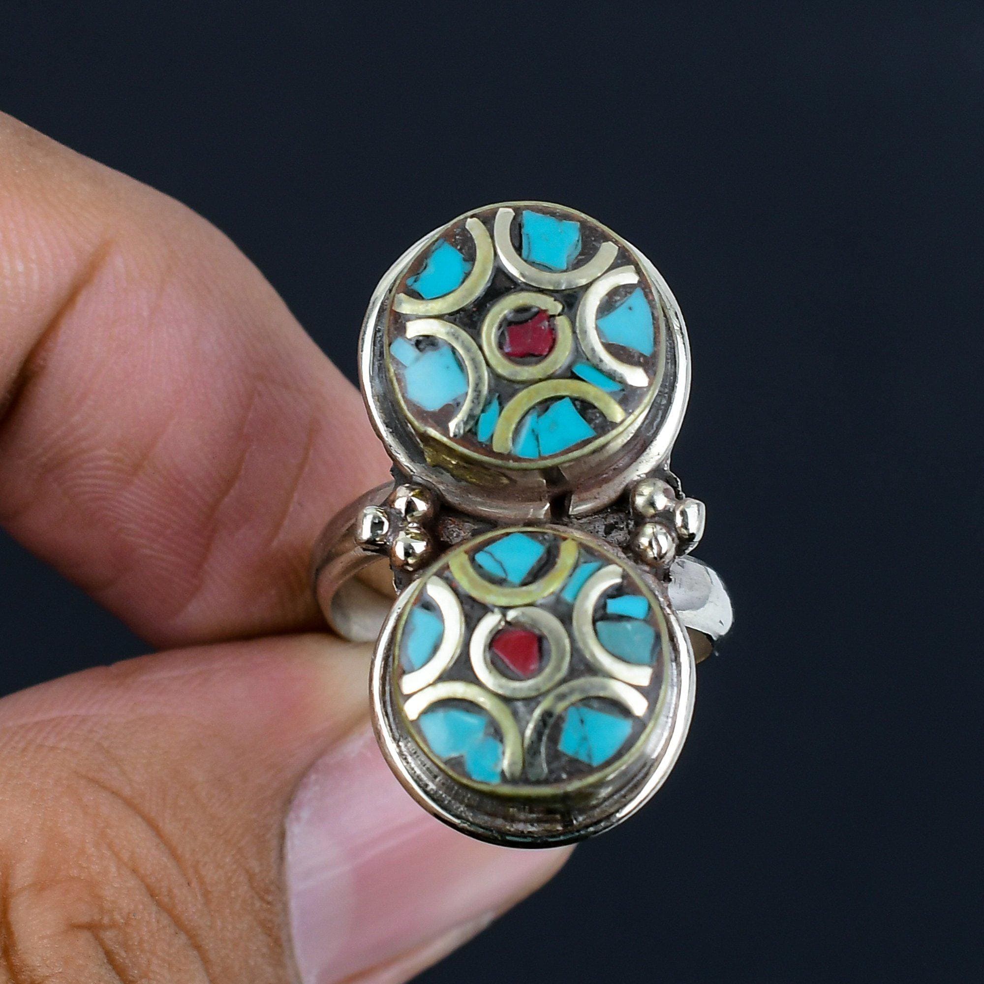 Red Coral Ring Turquoise Ring Tibetan Silver Ring Handmade Adjustable ...